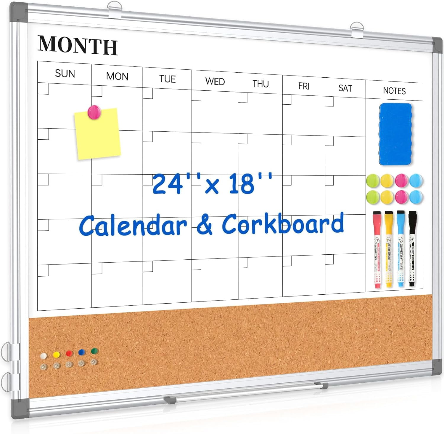 Monthly Calendar Whiteboard Dry Erase Cork Board Combo for Wall, 24" x ...
