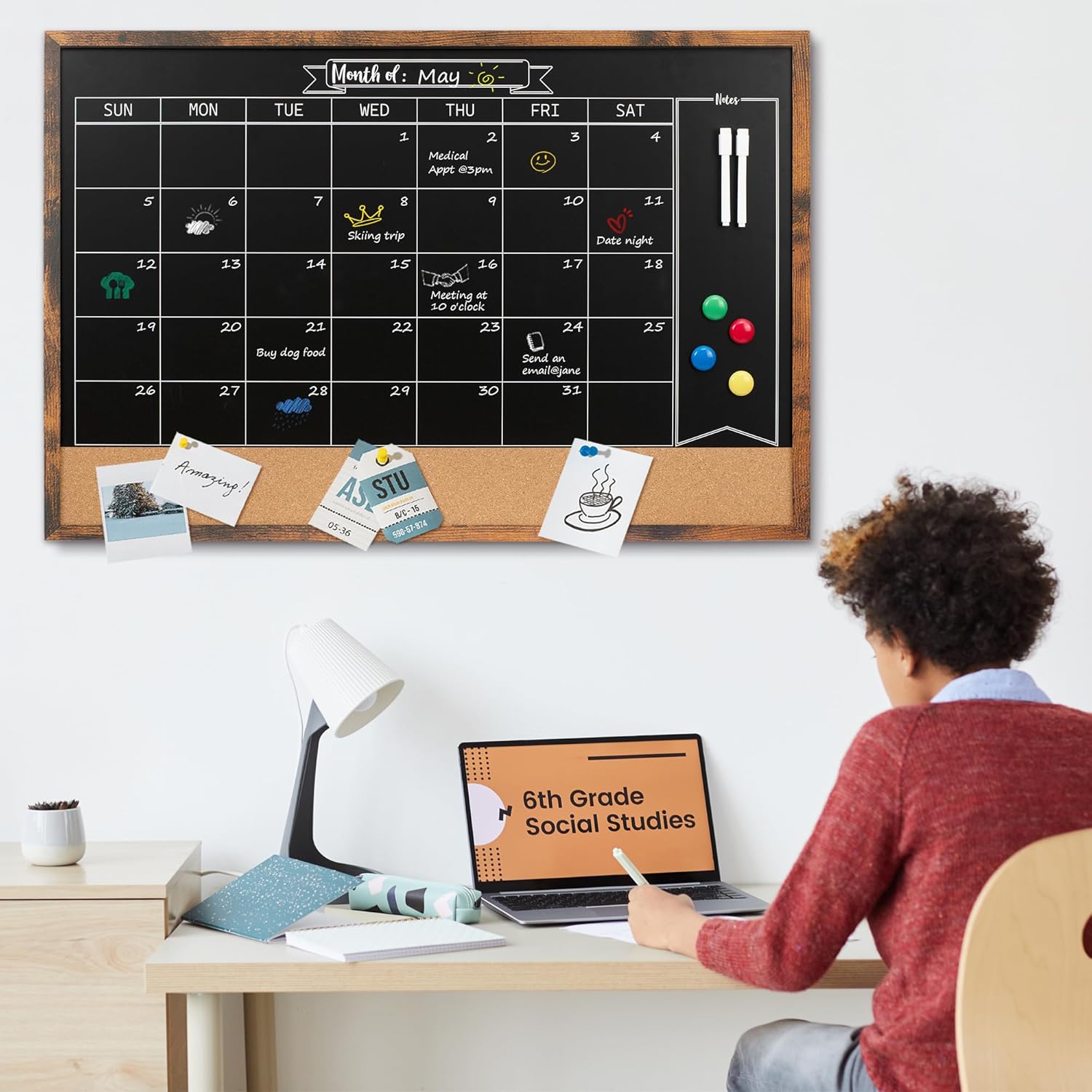 Monthly Chalkboard Calendar & Cork Board 24 x 36, Magnetic Wall Mounted ...