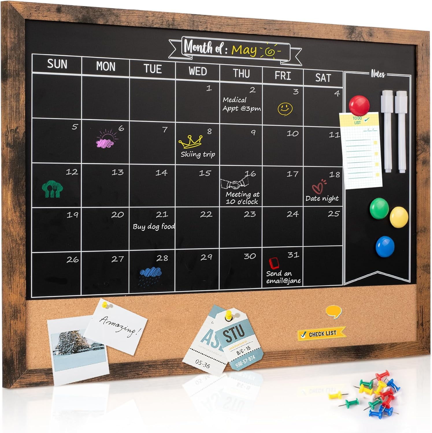Monthly Chalkboard Calendar & Cork Board for Wall, 18" x 24" Magnetic ...