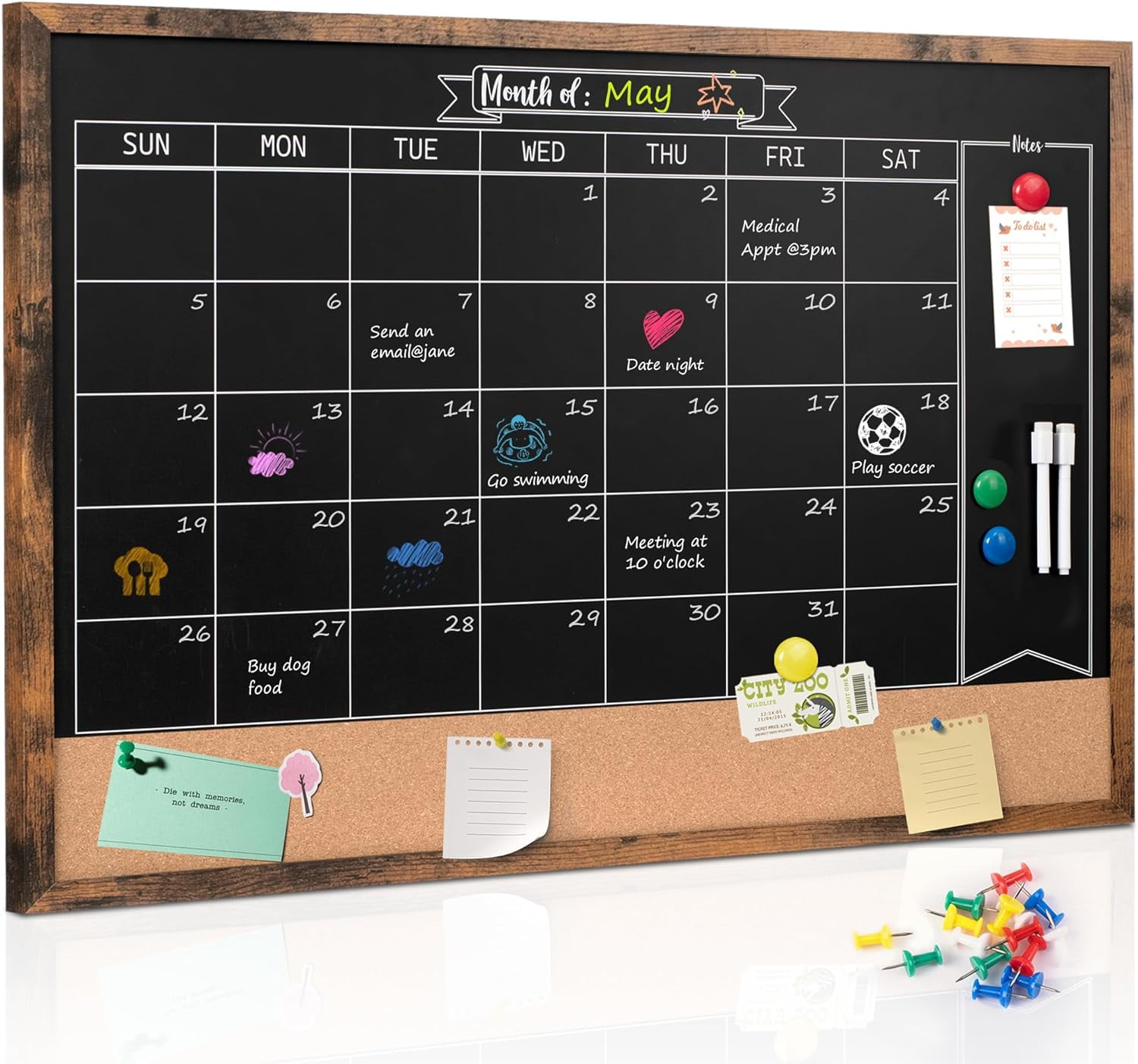 Monthly Chalkboard Calendar & Cork Board for Wall, 24" x 36" Magnetic ...