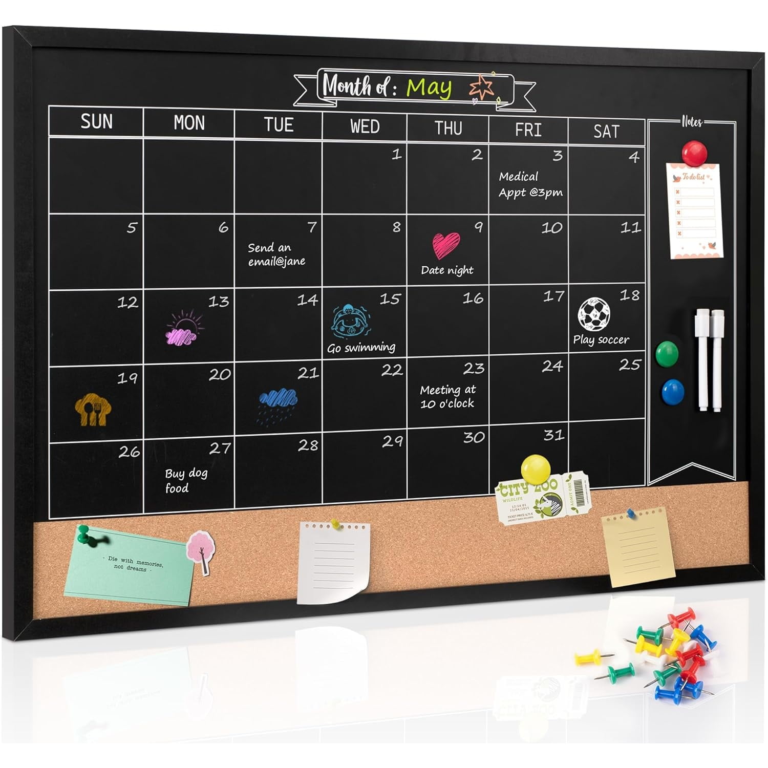 Monthly Chalkboard Calendar & Cork Board for Wall, 24"x36" Magnetic ...