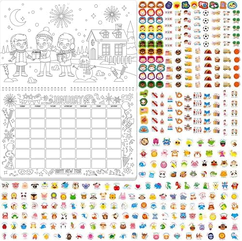 Monthly Coloring Calender, 12 Undated Months & 360 Stickers, Large Wall ...