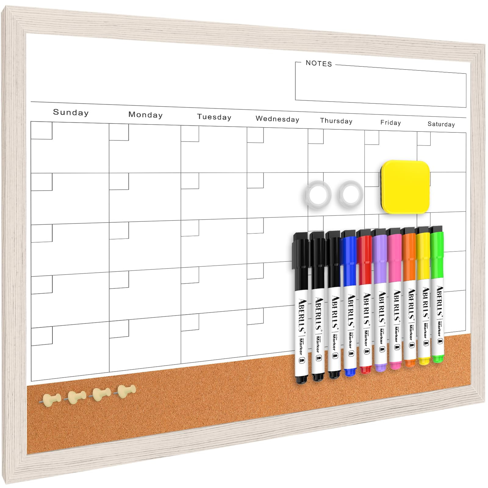 Monthly Whiteboard Calendar & Corkboard for Wall, Magnetic 17"x13" Dry ...
