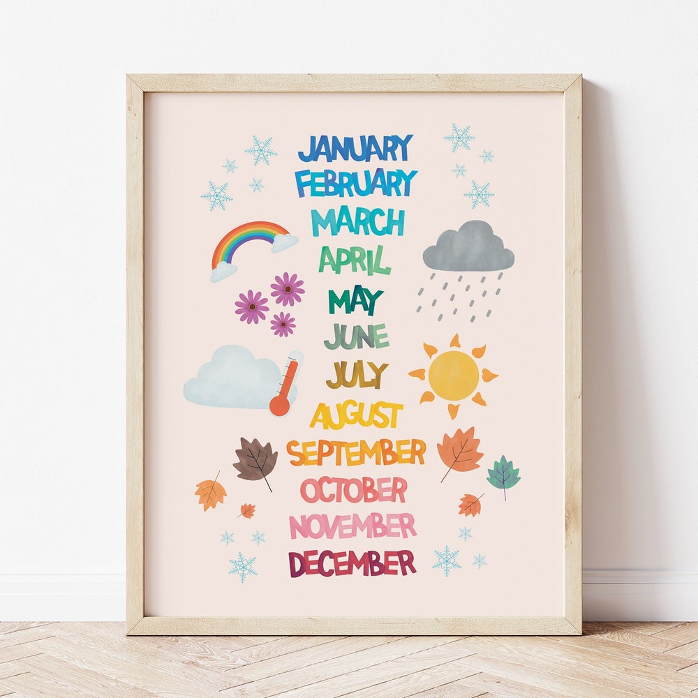 Months Of The Year Educational Poster, Rainbow Watercolor Montessori ...