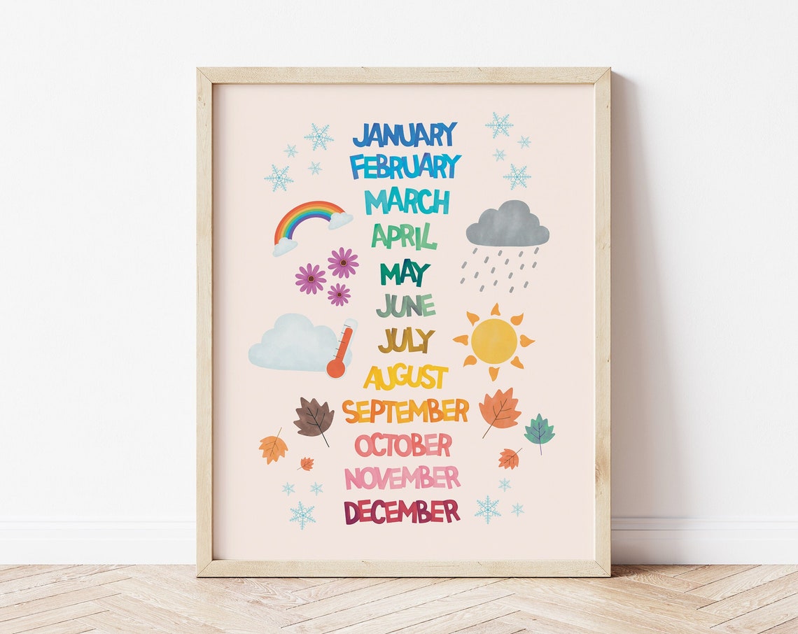 Months Of The Year Educational Poster, Rainbow Watercolor Montessori ...