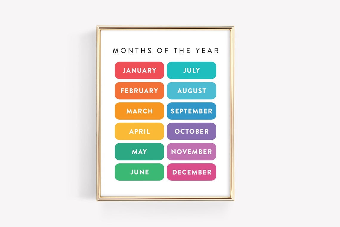 Months of the Year Educational Poster Rainbow Learning Montessori Decor ...