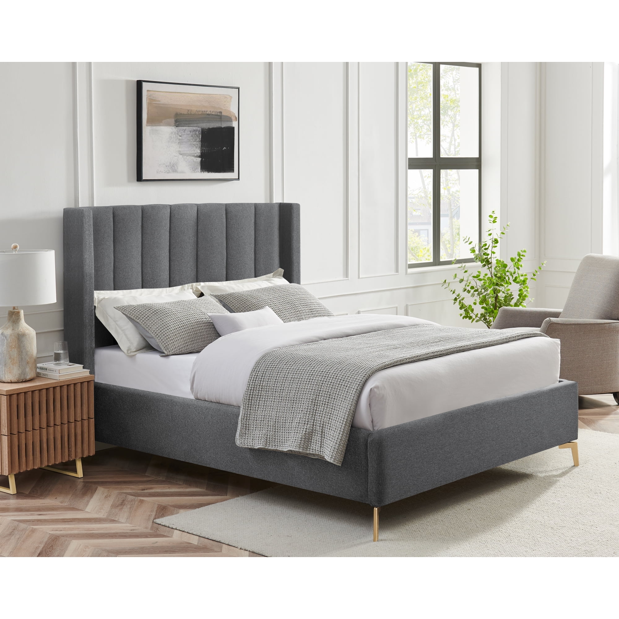 Montrell Upholstered Linen King Size Wingback Platform Bed, Grey ...