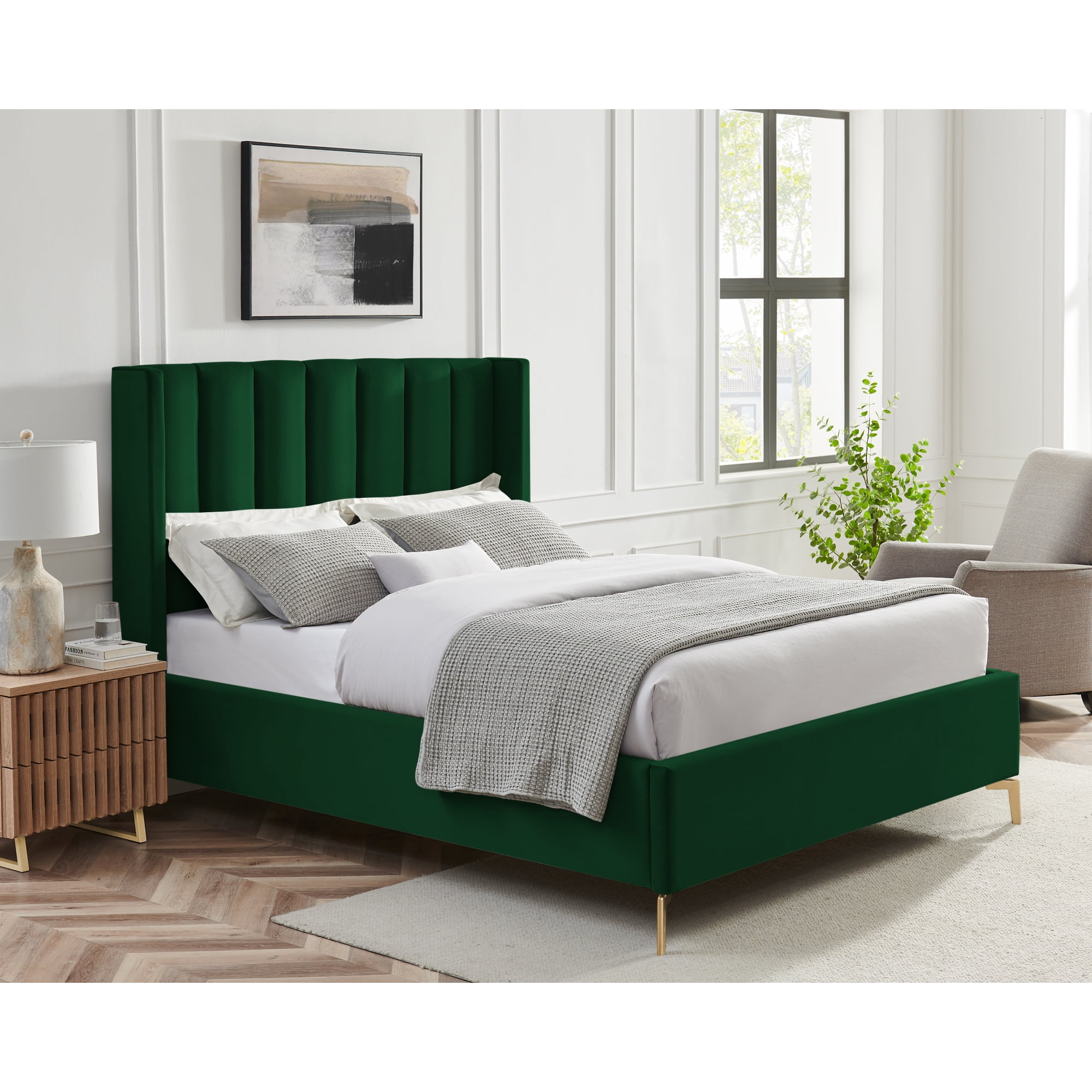Inspired Home Wingback King Size Platform Bed, Channel Tufting, Velvet ...