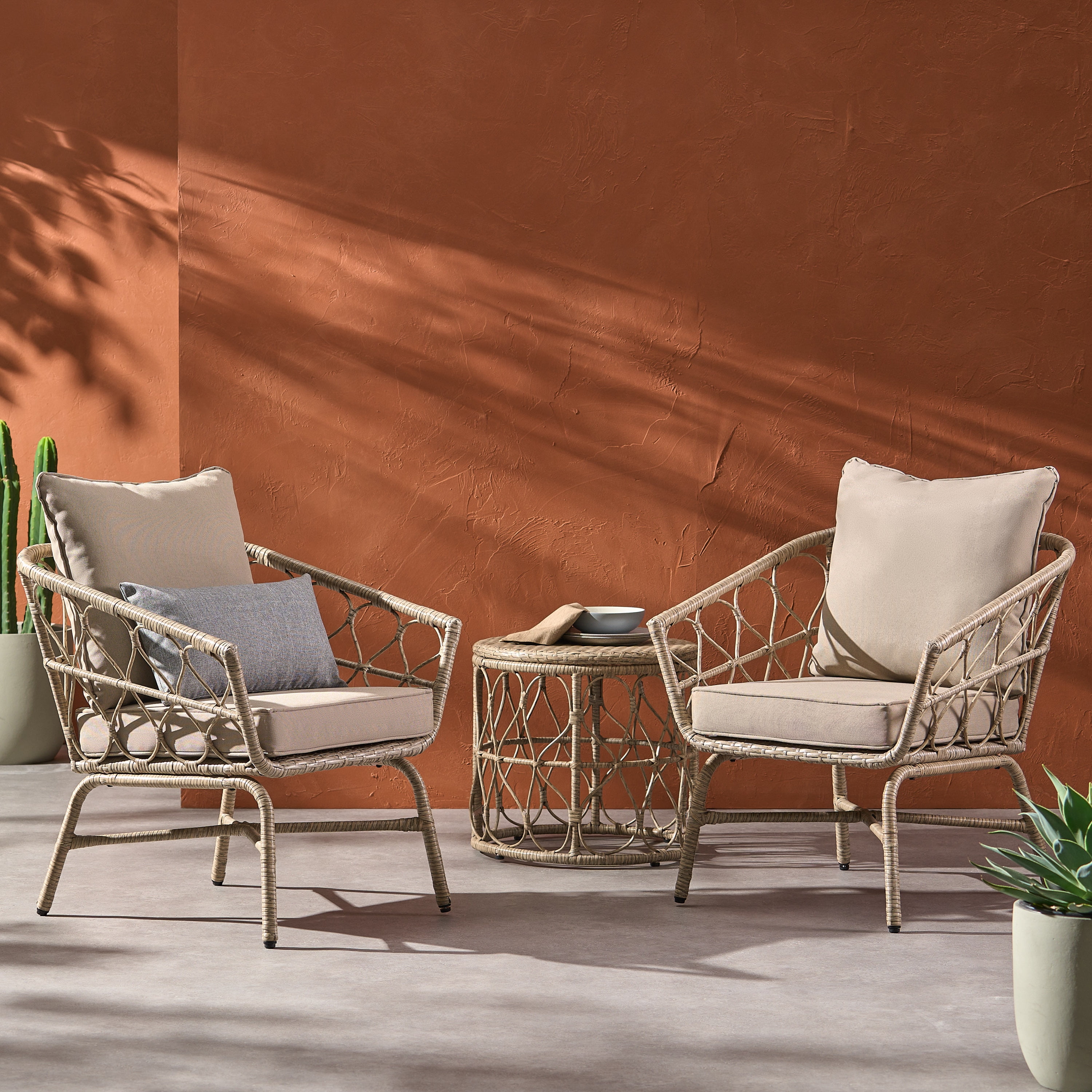 Montserrat Wicker Outdoor 3 Piece Chat Set with Cushions, Light Brown ...