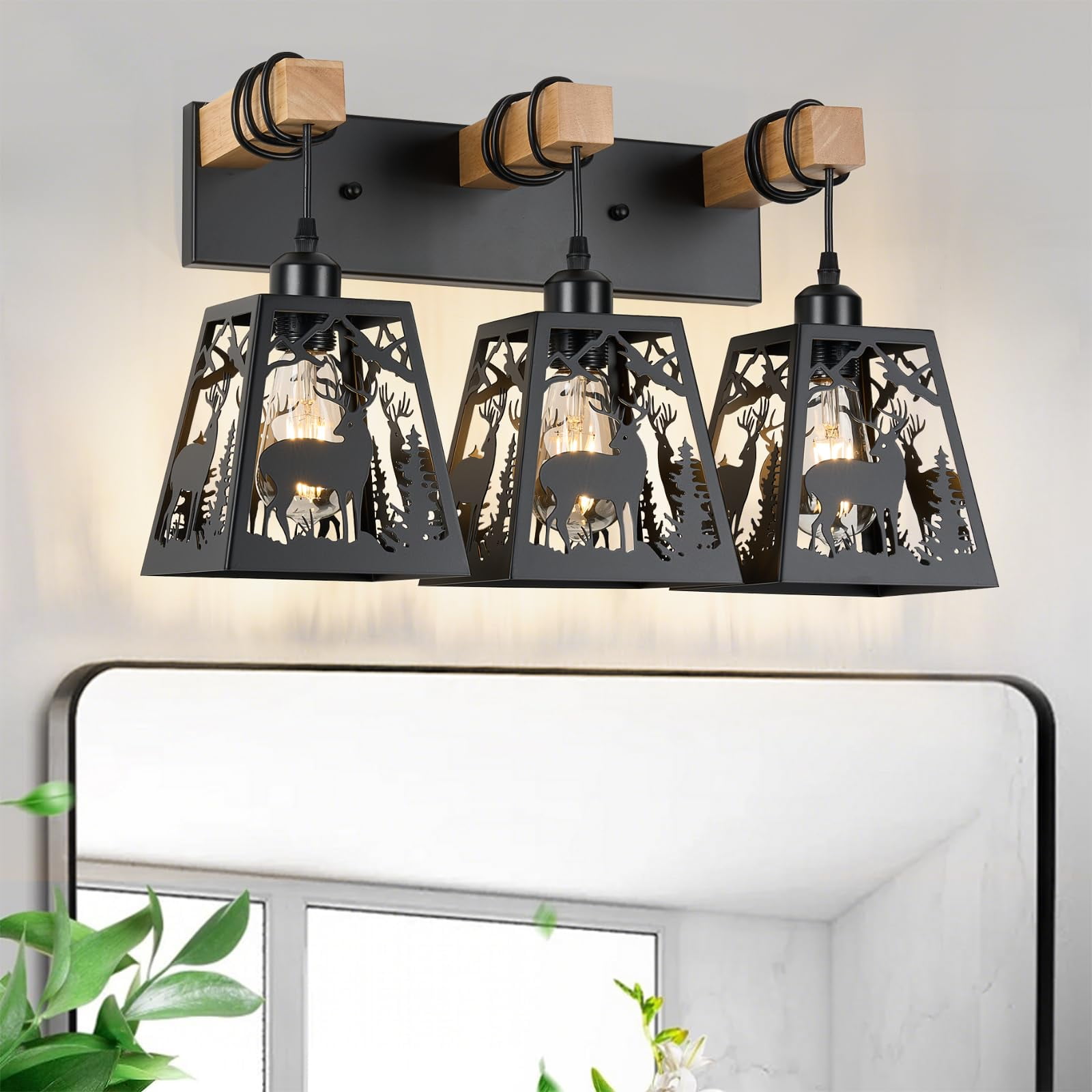 Monyohame Rustic Bathroom Light Fixtures, 3-Light Rustic Style Wood ...