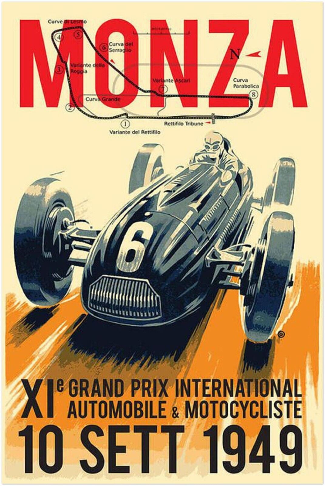 Monza Grand Prix 1949 - Vintage Racing Travel Poster - Auto Posters ...