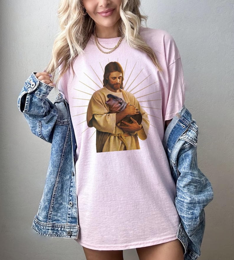 Moo Deng Jesus Shirt, Moo Deng Shirt, Cute Baby Hippo Moo Deng Bouncy ...
