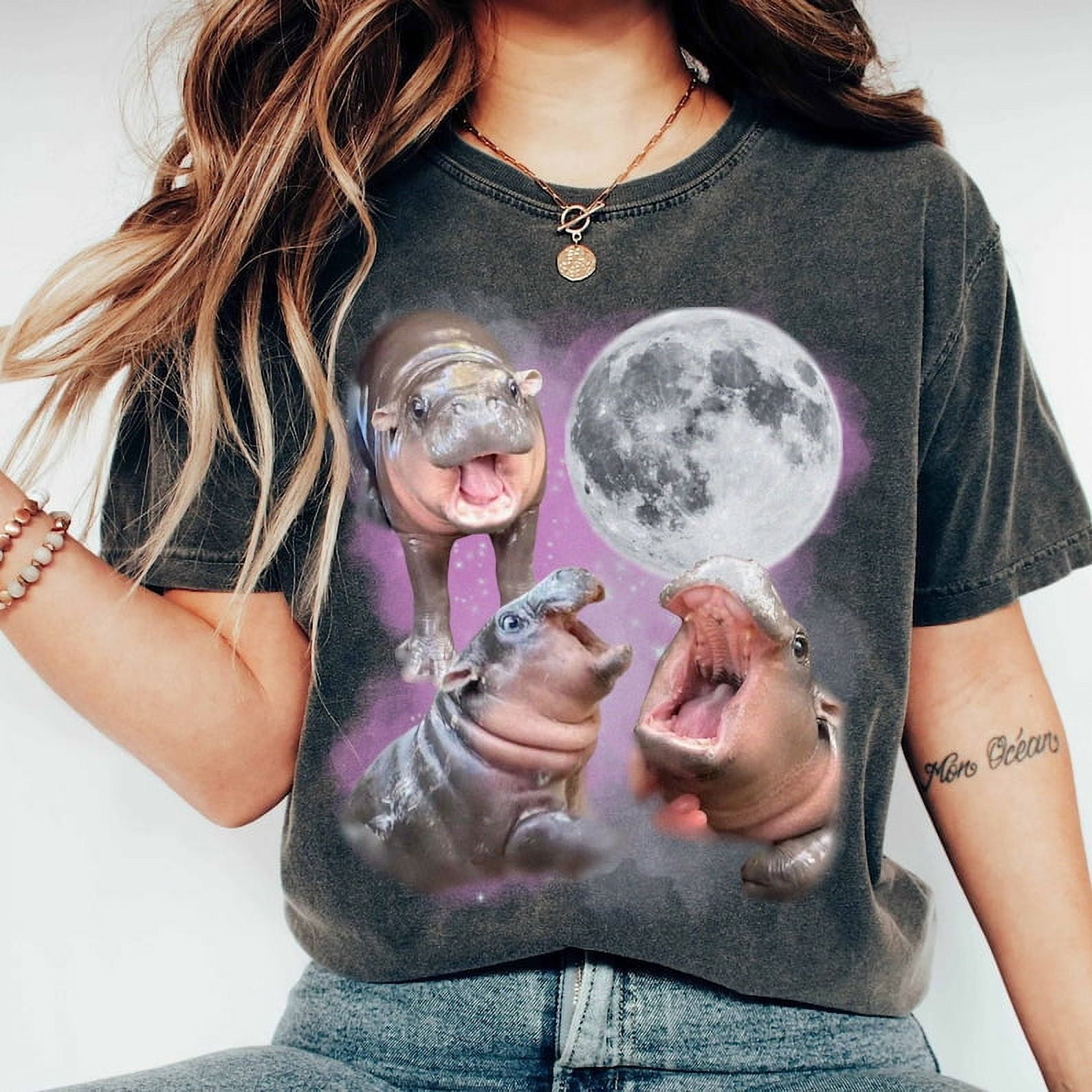 Moo Deng With The Moon Shirt, Moo Deng Shirt, Cute Baby Hippo Moo Deng ...