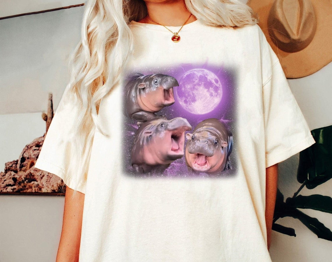 Moo Deng With The Moon Shirt, Moo Deng Shirt, Cute Baby Hippo Moo Deng ...