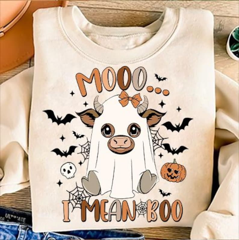 Moo I Mean Boo Cow Halloween Sweater, Funny Ghost Highland Cow Western ...