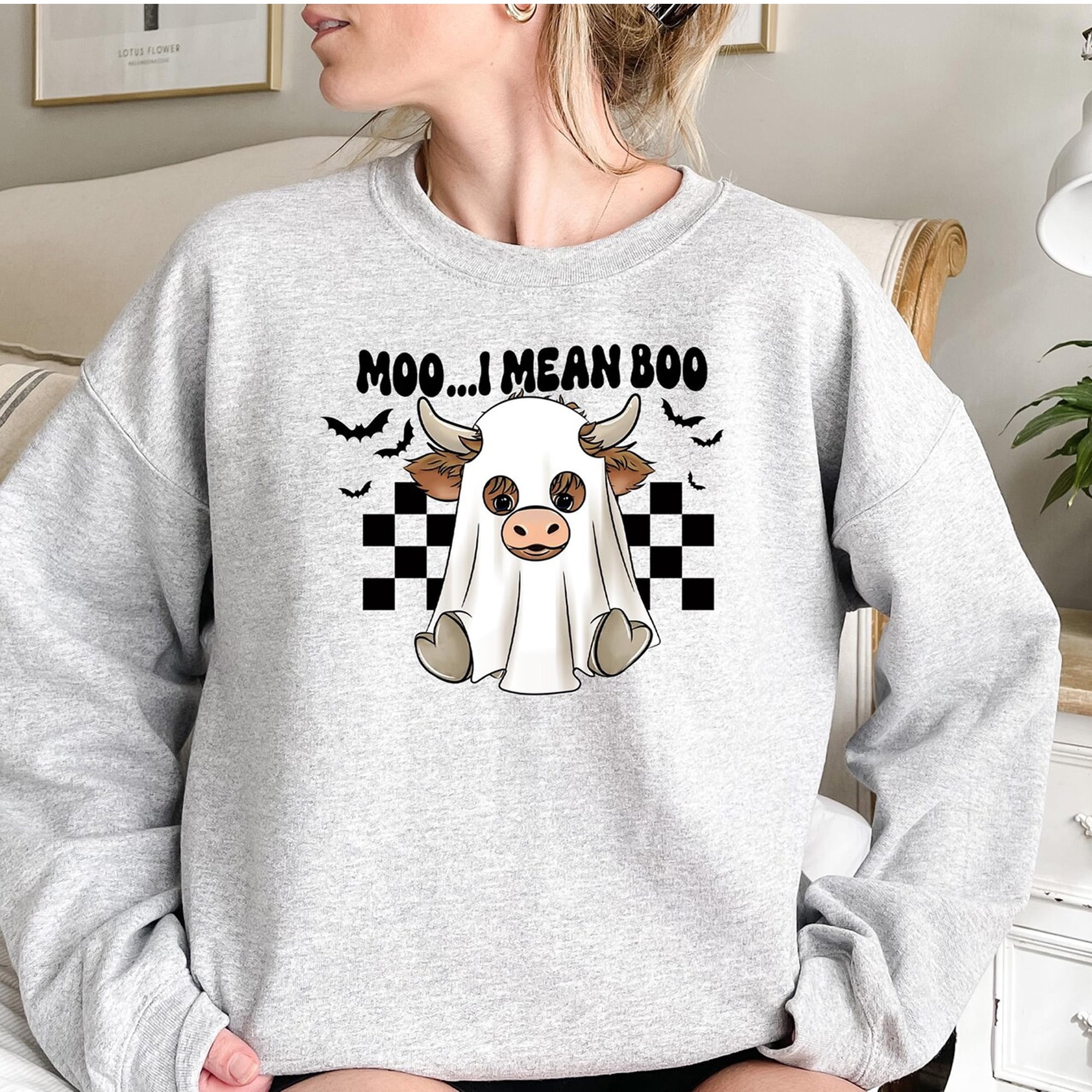 “Moo... I Mean Boo” Funny Cow Halloween Sweatshirt – Cute Spooky Season ...