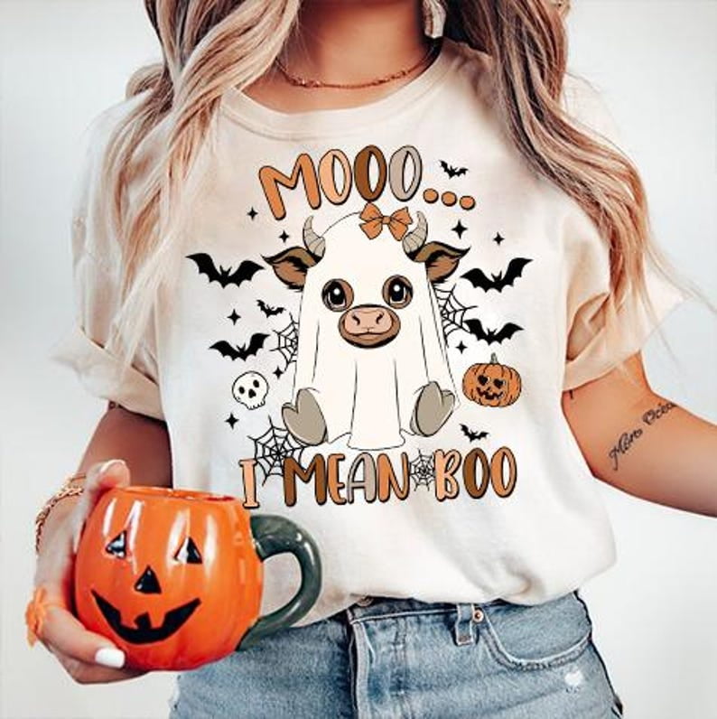 Moo I Mean Boo T-Shirt, Ghost Cow Halloween Tee, Spooky Farmhouse ...