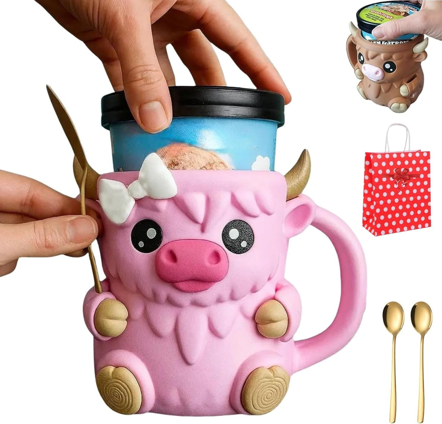 Moo Mug Ice Cream Holder, 2026 3d Printed Moo Mug With Handle & Spoon ...
