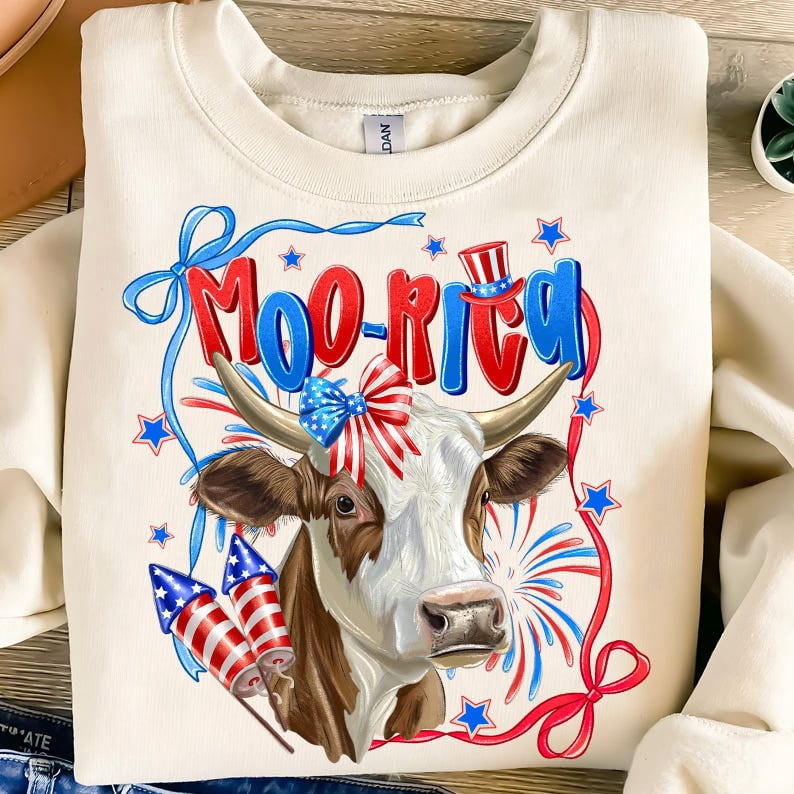 Moo-Rica Cow Sweatshirt – Funny 4th of July Farm Girl Crewneck with USA ...