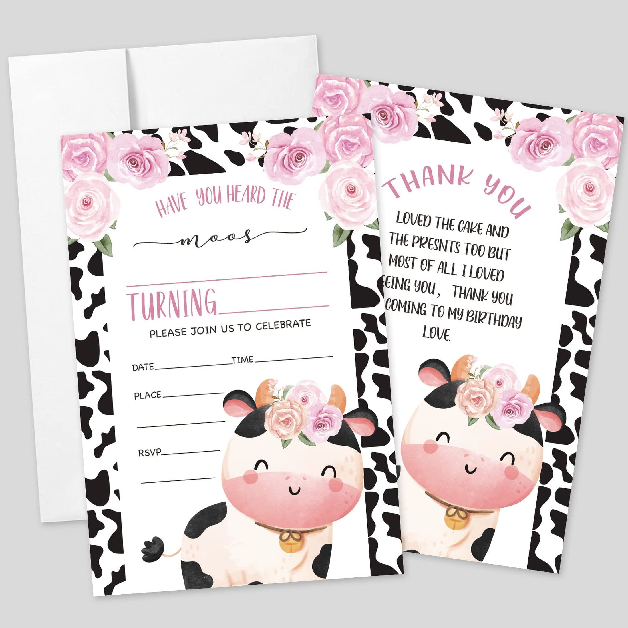 Moo-tiful Baby Cow Birthday Invitations - 20 Double-Sided Cards with ...
