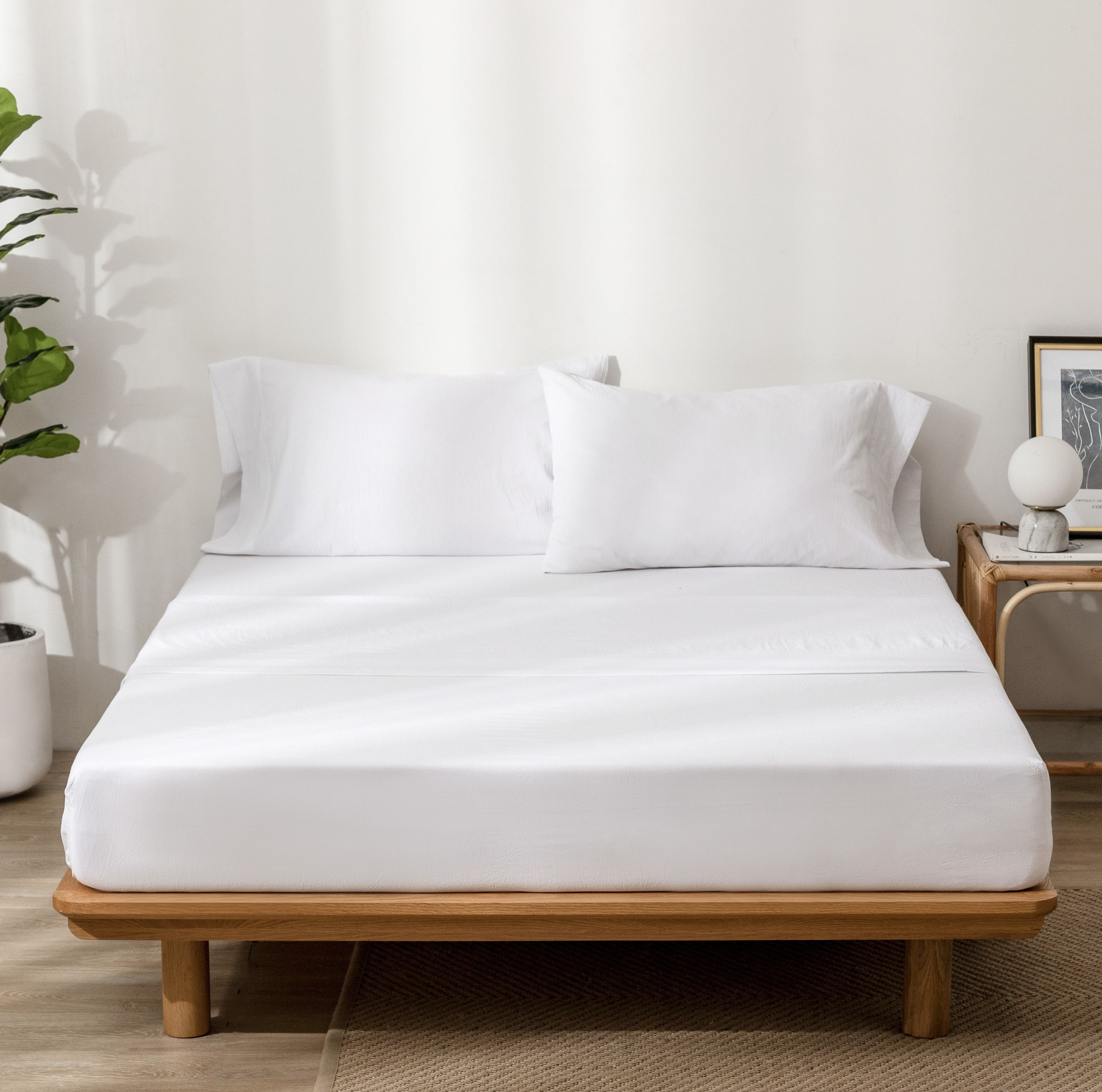 MooMee 100% Washed Cotton Sheet Set Queen Linen Like Textured ...