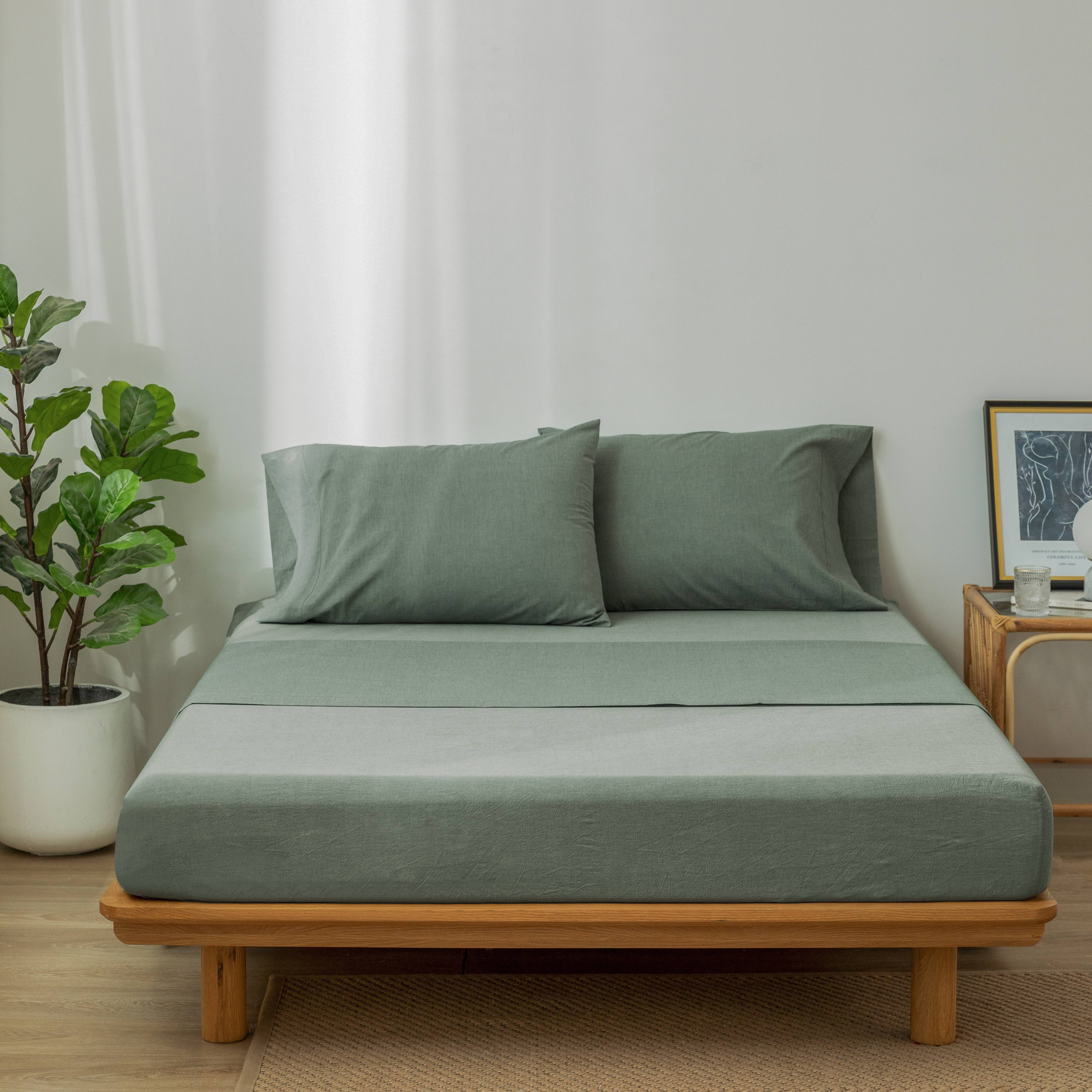 MooMee 100% Washed Cotton Sheet Set Queen Linen Like Textured ...