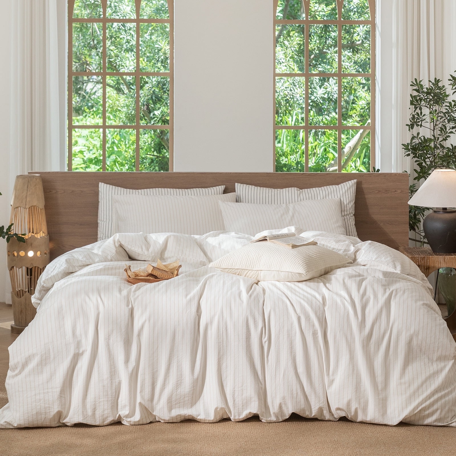 MooMee 100% Washed Cotton Striped Duvet Cover Set King Linen Like ...