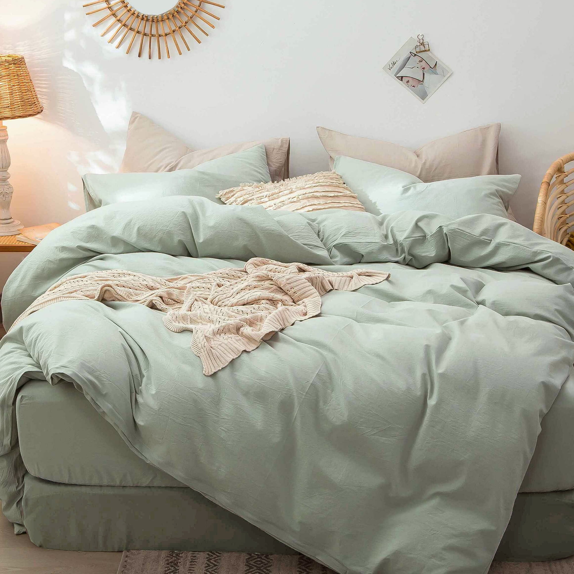 Move Over Sage Green Duvet Cover Set Queen White Pom Poms Pattern Green ...