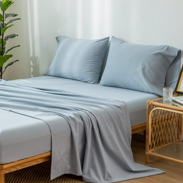 MooMee Bedding Sheet Set 100% Washed Cotton Linen Like Textured ...