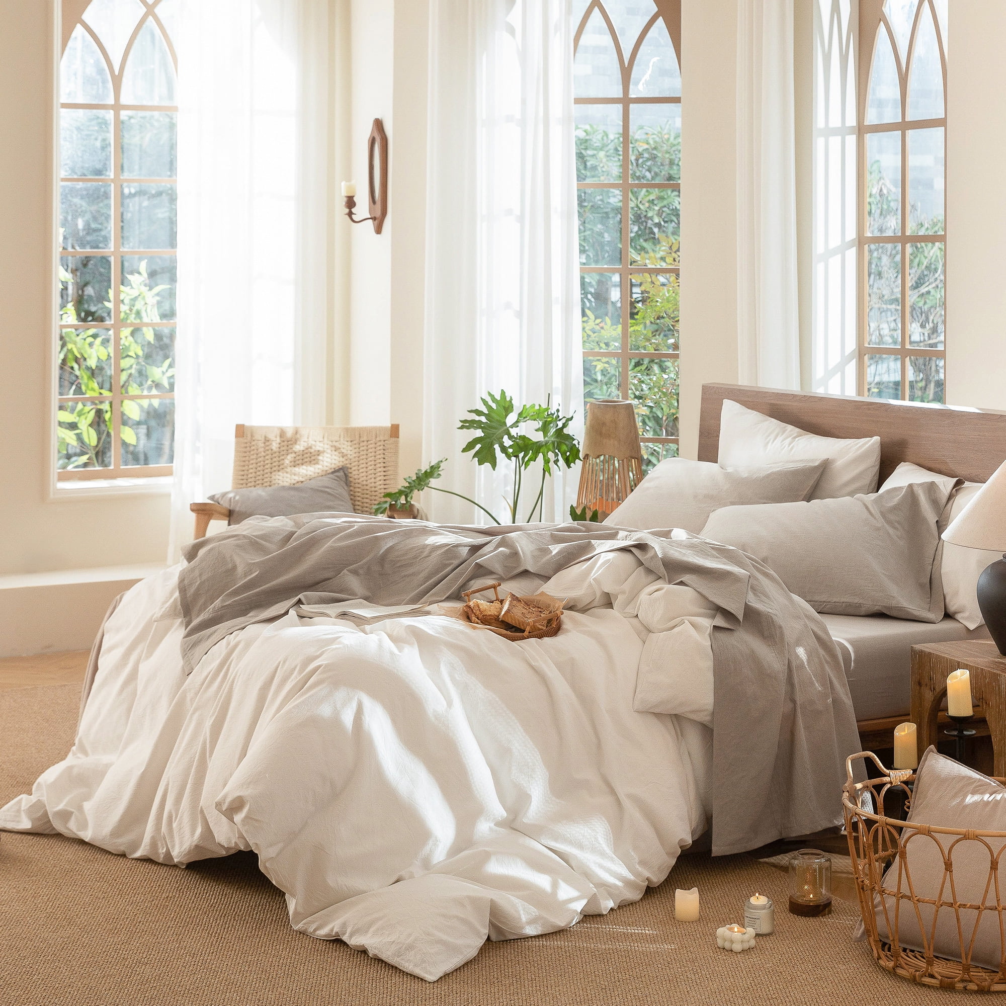 MooMee Linen Like Textured Sheet Set 100% Washed Cotton Breathable ...