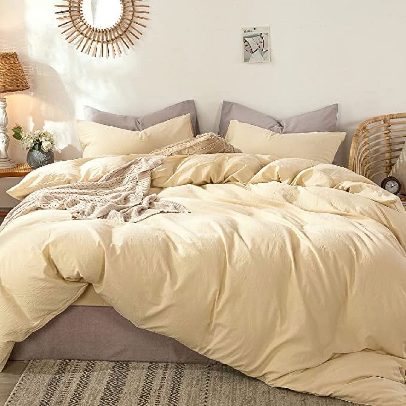 MooMee 100% Washed Cotton Duvet Set, Breathable, Durable, Light Beige ...