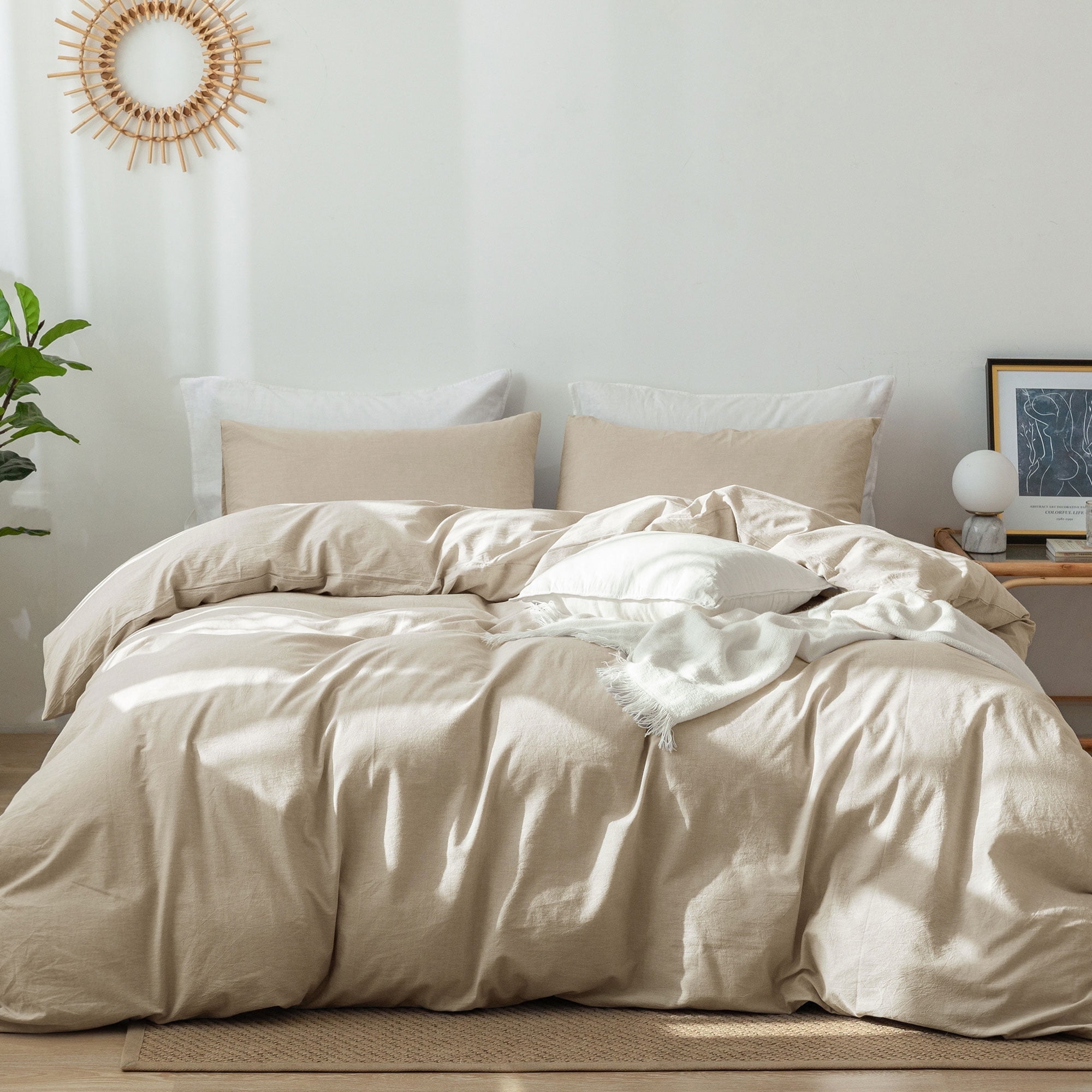 MooMee Washed Cotton Duvet Cover Set Linen Like Textured Breathable 3 ...