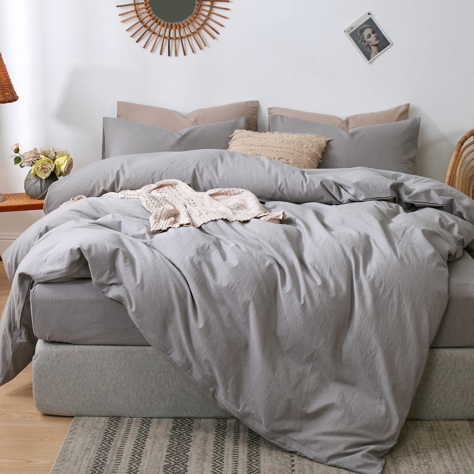 MooMee Duvet Cover Set 100% Washed Cotton Linen Like Textured ...