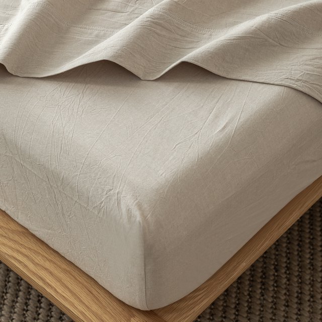MooMee 100% Washed Cotton Queen-size Fitted Sheet Linen Like Textured ...