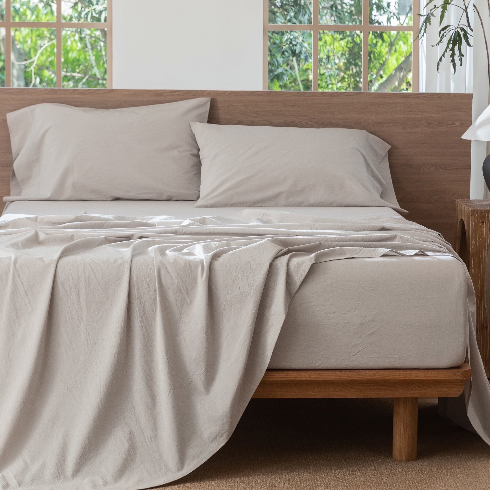 MooMee 100% Washed Cotton Sheet Set Queen Linen Like Textured ...