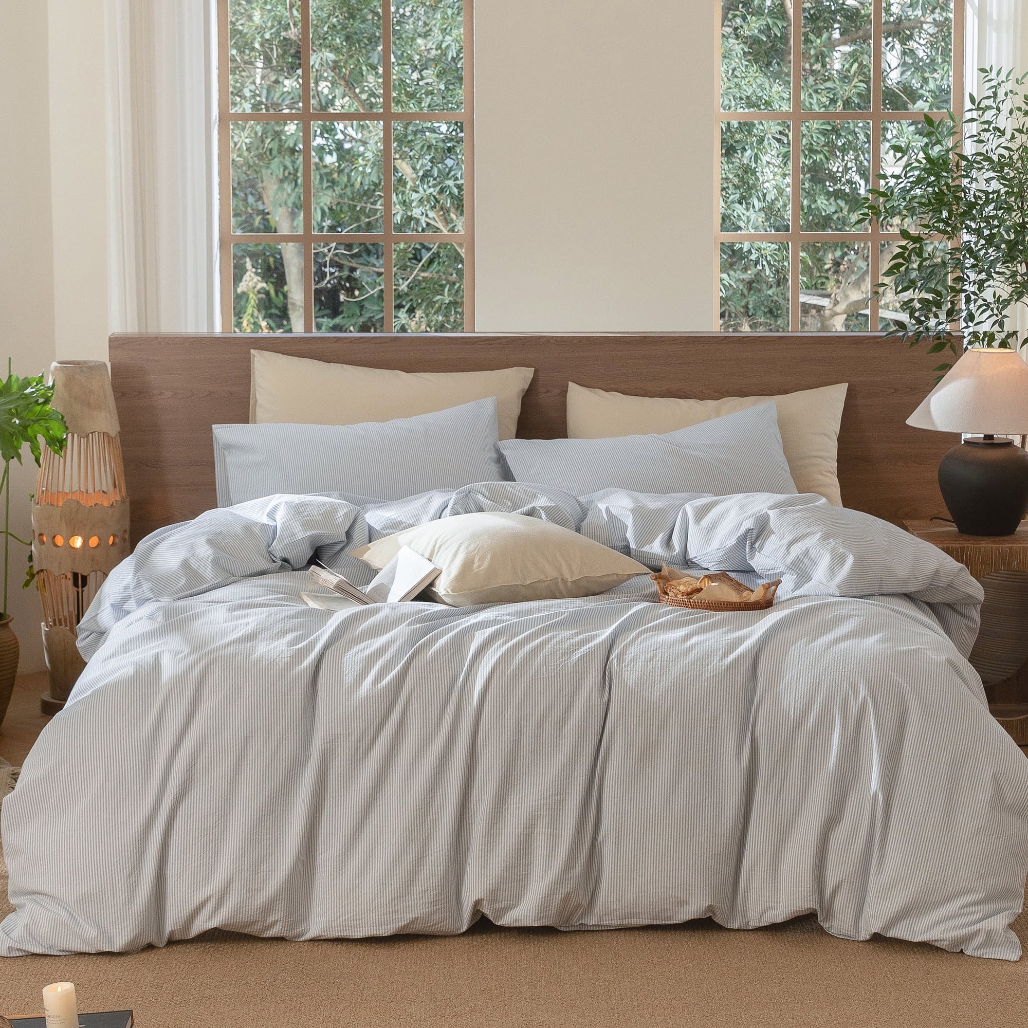 MooMee 100% Washed Cotton Striped Duvet Cover Set Cal-King Linen Like ...