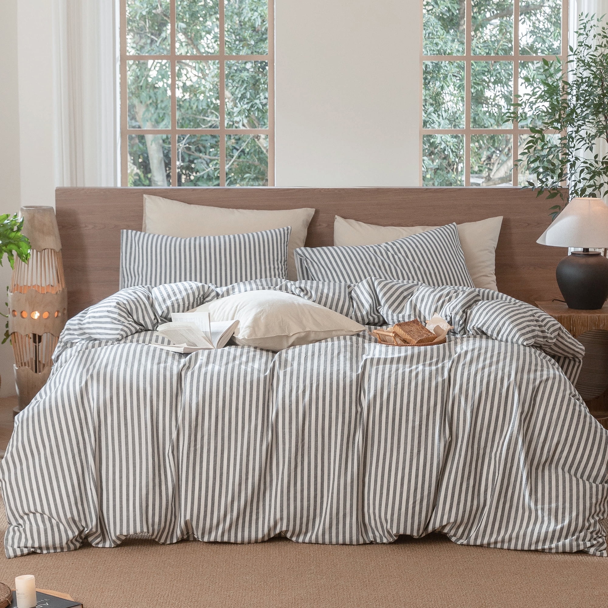 MooMee 100% Washed Cotton Striped Duvet Cover Set Full Linen Like ...
