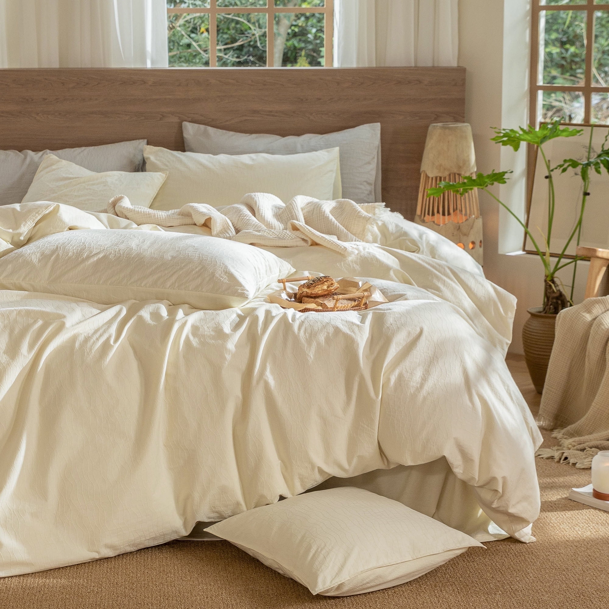 MooMee Wavy Striped Duvet Cover Set Queen 100% Washed Cotton Linen Like ...
