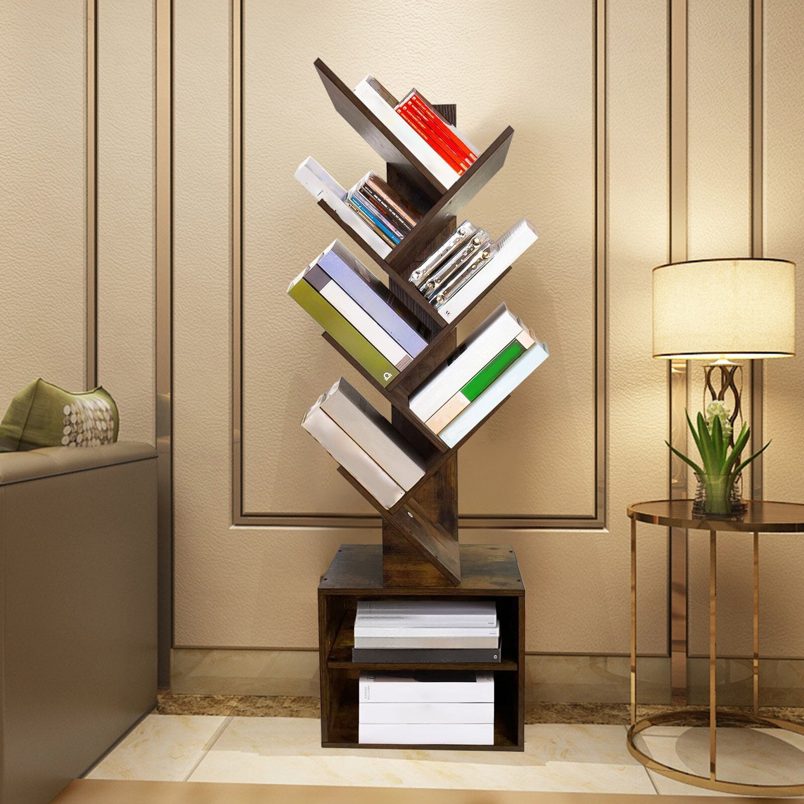 Moocorvic 6 Tier Tree Bookshelf, Retro Floor Standing Bookshelf for ...
