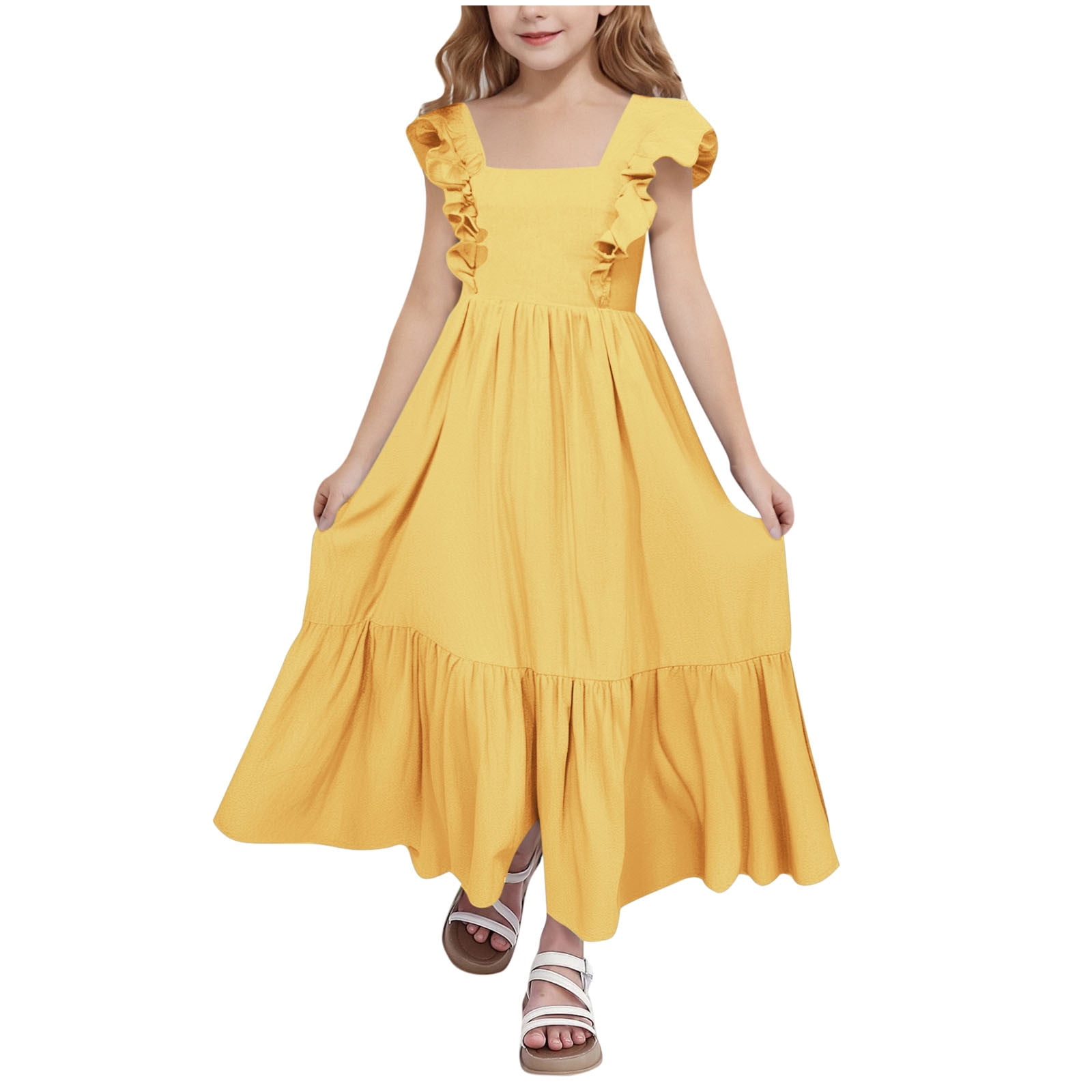 Moocorvic Girls Dresses Ruffle Sleeve Backless Tiered Swing Casual ...
