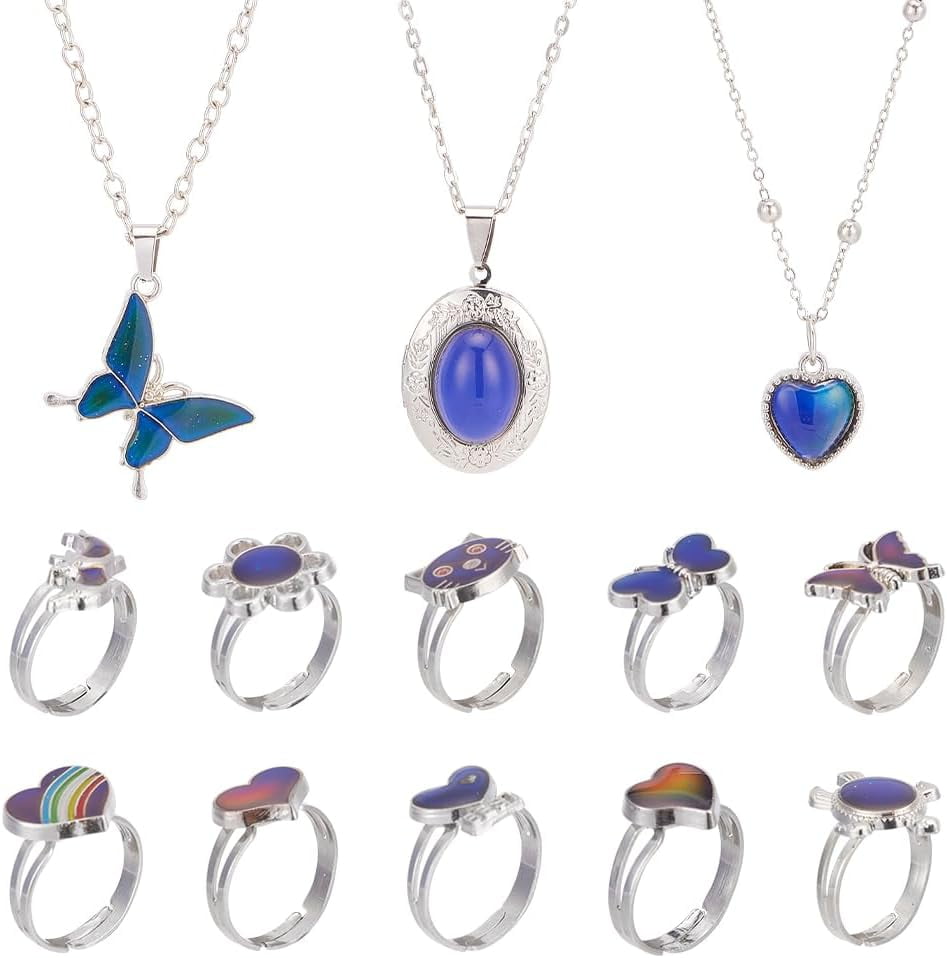 Mood Necklace And Ring Set Mood Rings With 3 Mood Necklaces Color Change Ring Adjustable Size ...