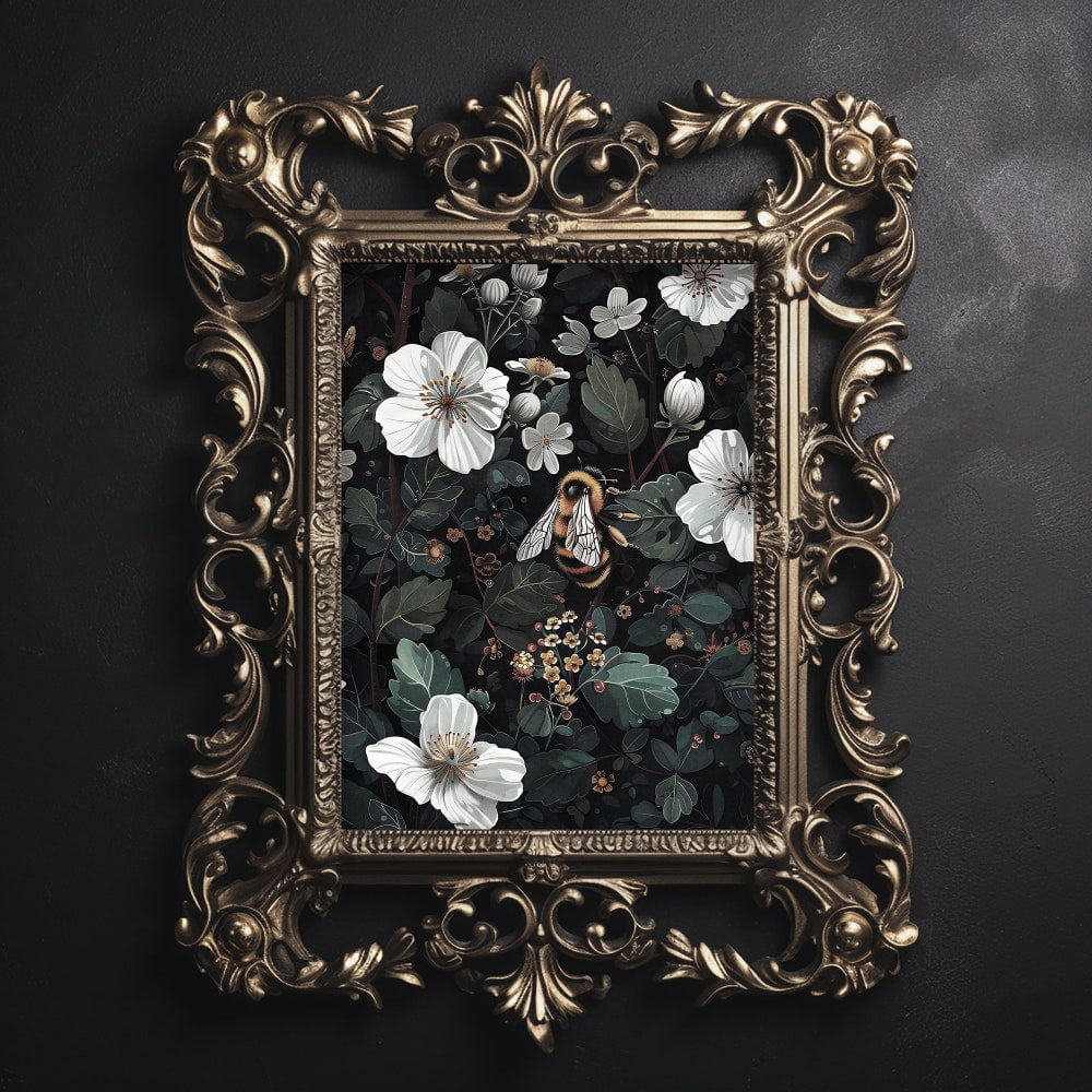 Moody Bee In White Flower, Bumblebee Print, Wild Forest Botanical Print ...