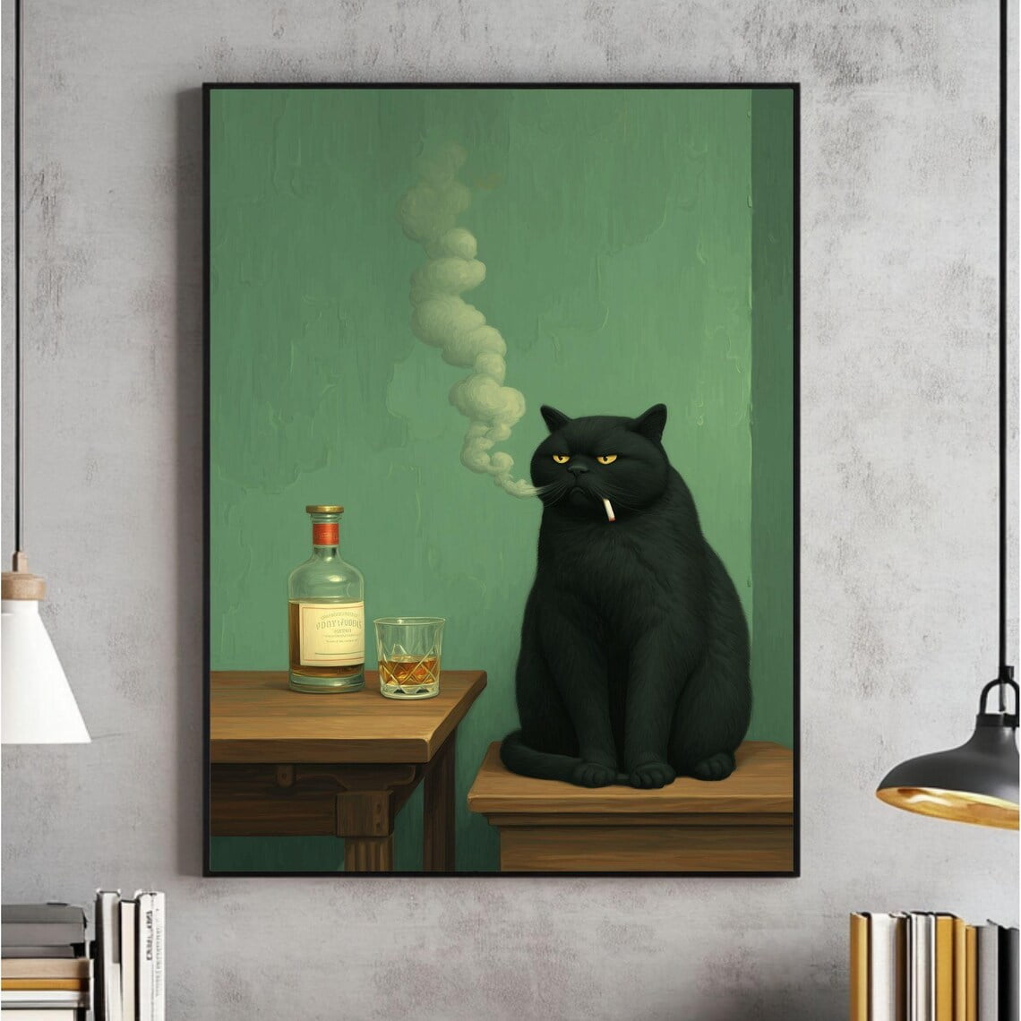 Moody Black Cat Wall Art, Smoking Cat With Whiskey Dark Humor Poster ...