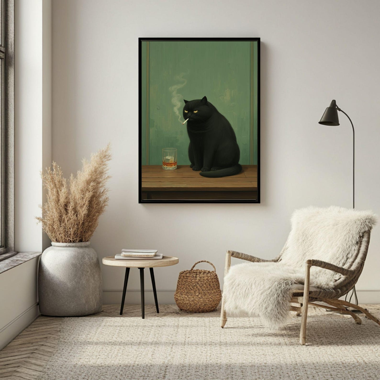 Moody Black Cat Wall Art, Smoking Cat with Whiskey Dark Humor Poster ...