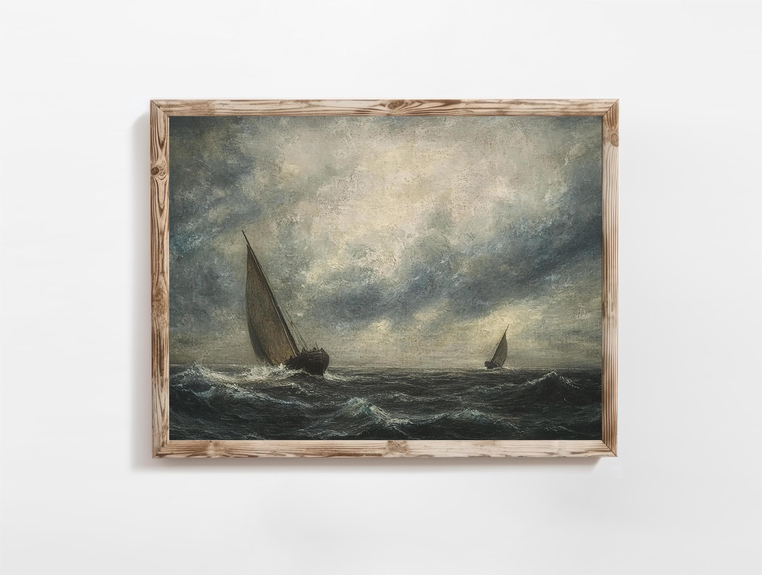 Moody Boats On The Ocean Dark Seascape Poster Vintage Boat Home Decor ...