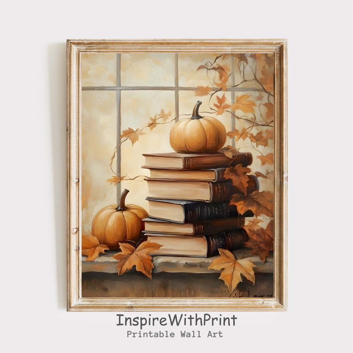 Moody Books Stack with Fall Leaves Wall Art, Books and Pumpkins Art ...