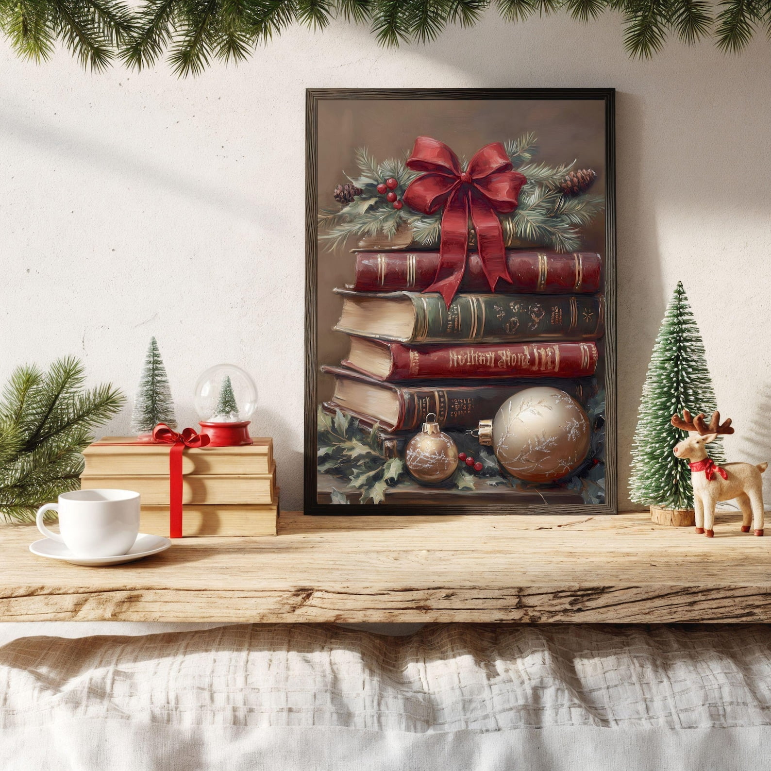Moody Christmas Book Stack Print, Cozy Winter Festive Holiday Art ...