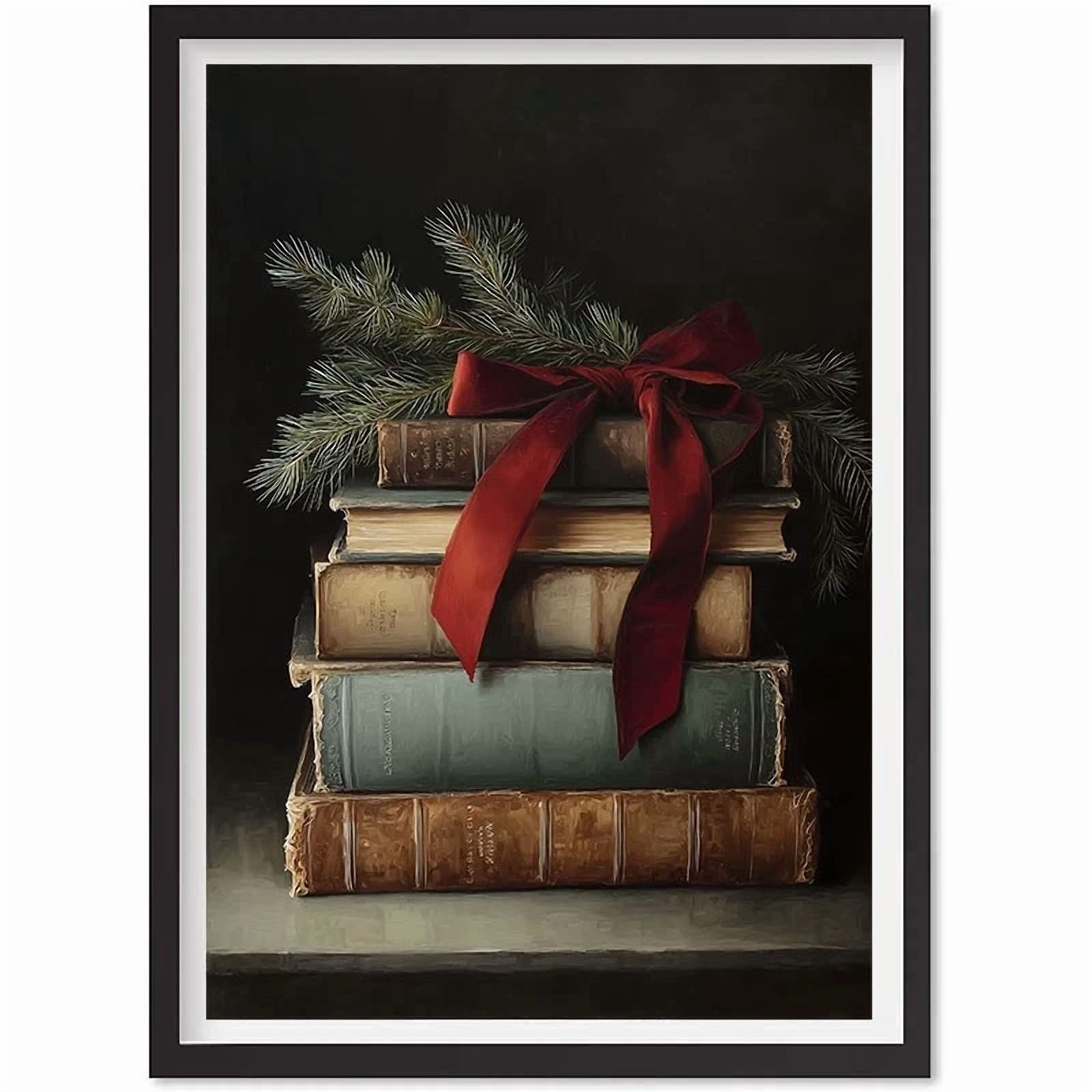 Moody Christmas Books Print | Vintage Style Stack Of Book Wall Art ...