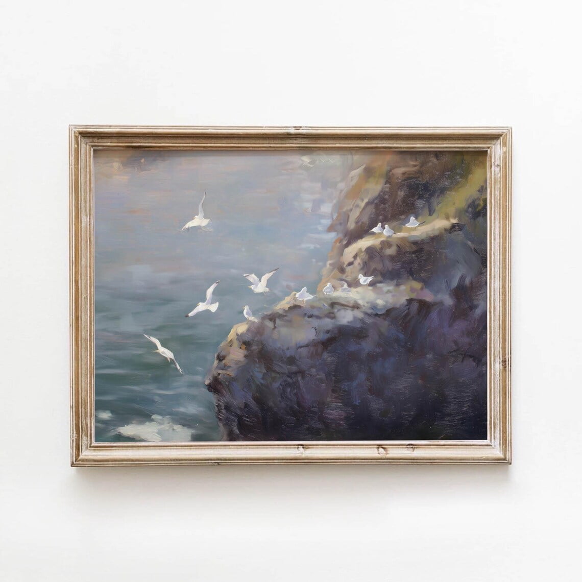 Moody Coastal Seascape Vintage Nautical Impressionistic Gulls Decor ...