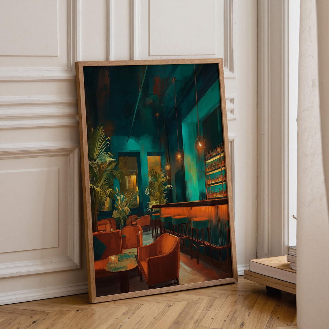 Moody Cocktail Lounge Dark Teal Orange Bar Art Elegant Night, Stretched ...